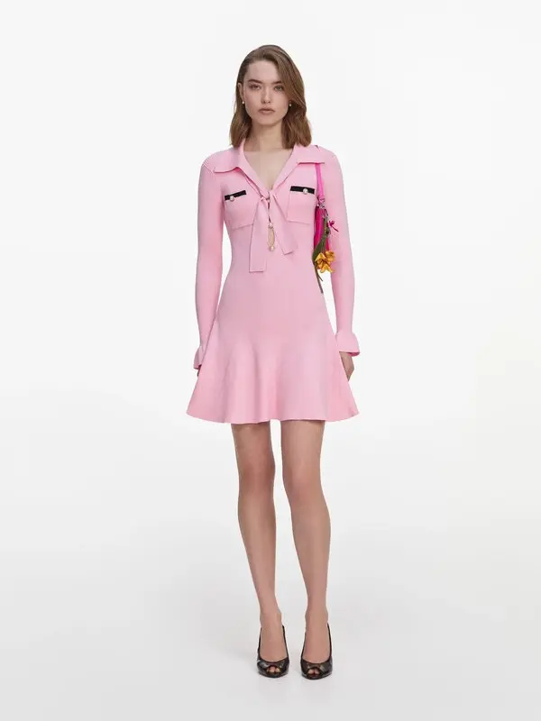 SELF-PORTRAIT Button-front Knit Dress With Contrast Trims - Rosa