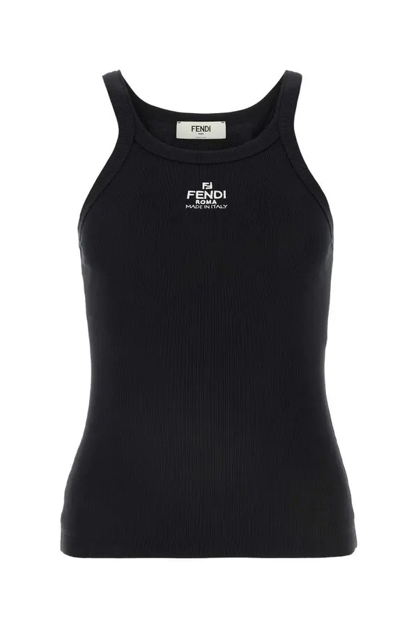 Fendi Ribbed Cotton Logo Tank Top - Black