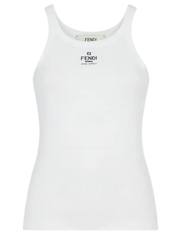 Fendi Ribbed Slim Fit Sleeveless Top With Logo - Bianco
