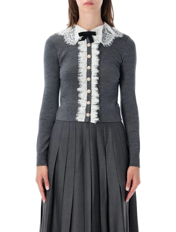 SELF-PORTRAIT Button-front Wool Sweater With Lace Trim And Bow Detail - Grigio