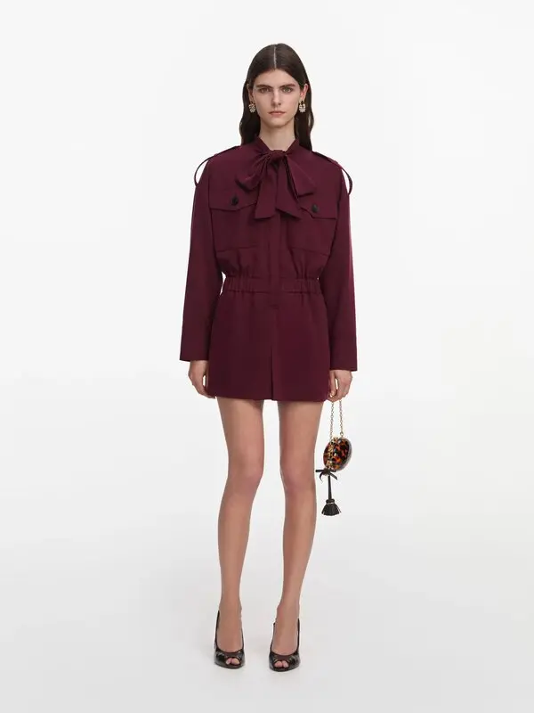SELF-PORTRAIT Mini Dress With Tie Neckline And Tailored Waistband - Rosso