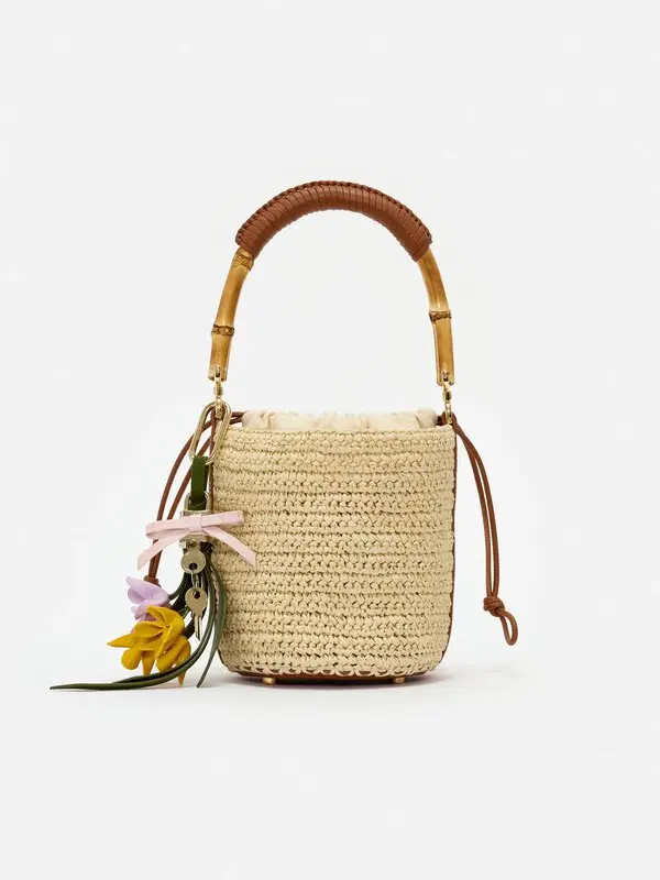 SELF-PORTRAIT Raffia Drawstring Pouch Handbag With Bamboo Top Handle - Beige