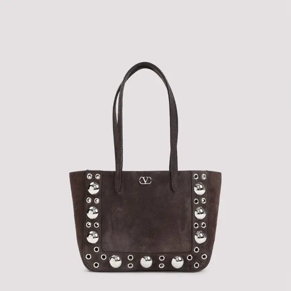 Valentino Garavani Nellcôte Mini Suede Shopping Bag With Trim Decorated With Ball Studs And Rivets - Brown