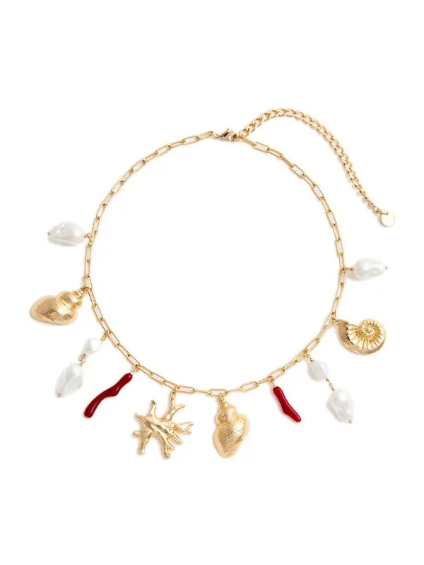 SELF-PORTRAIT Charm Necklace With Faux Pearls And Coral Accents - Oro