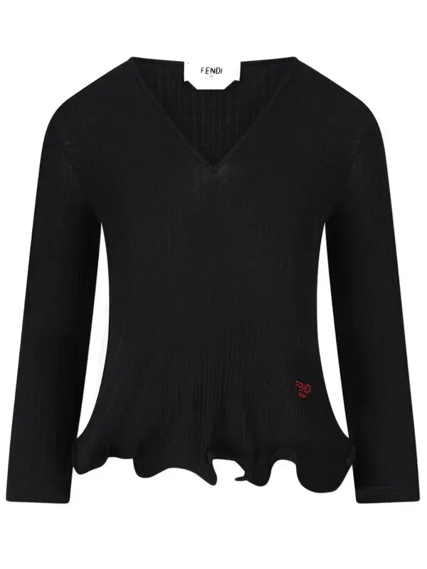 Fendi Long-sleeved V-neck Wool Top With Embroidered Logo