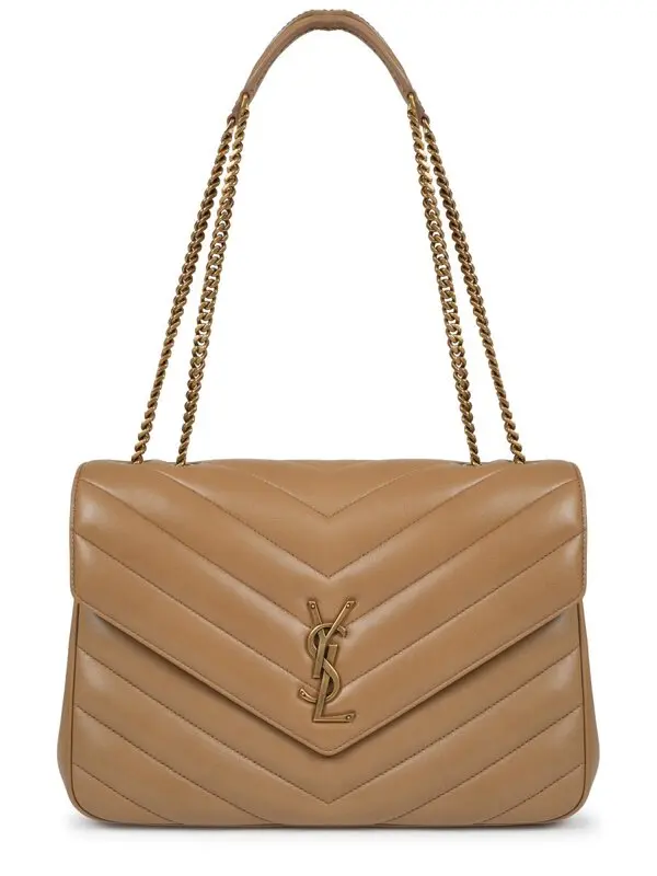 Saint Laurent Quilted Lamb Leather Shoulder Bag With Logo - Beige