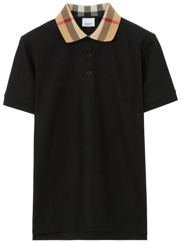 Burberry Check Collar Cotton Polo Shirt - Black