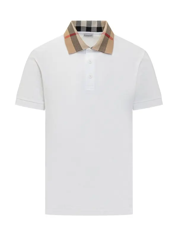 Burberry Check Collar Cotton Polo Shirt - White