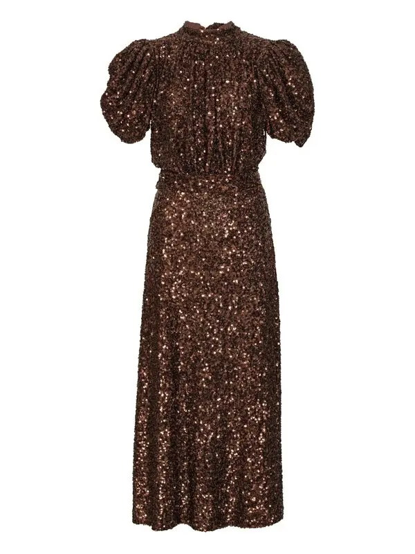 ROTATE BY BIRGER CHRISTENSEN Sequin Midi Dress With Short Sleeves And Zip Closure - Brown