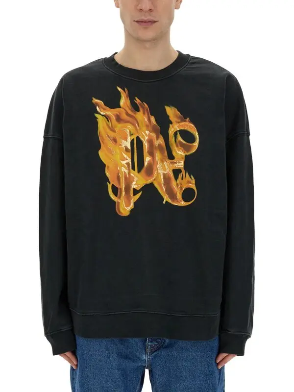 Palm Angels Burning Monogram Print Sweatshirt Regular Fit - Black