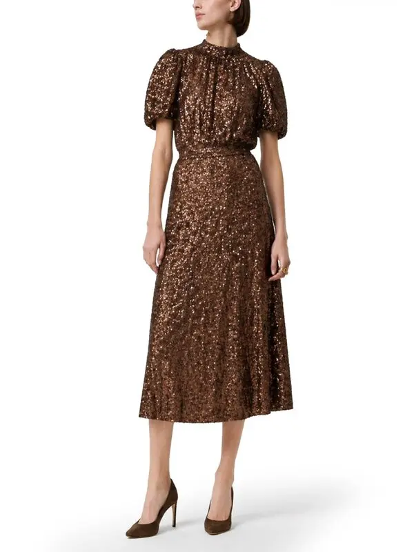ROTATE BY BIRGER CHRISTENSEN Sequin Puff Sleeve Midi Dress - Brown