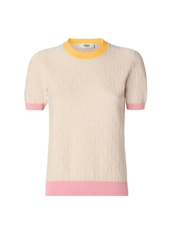 Fendi Cotton And Silk Sweater With Ff Motif And Ribbed Edges - Ecru