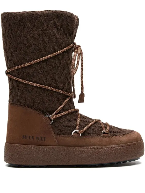 Moon Boot Knit Lace-up Boots With Non-slip Sole - Marrone