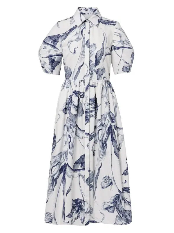 Erdem Floral Print Short Sleeve Cotton Midi Dress - White