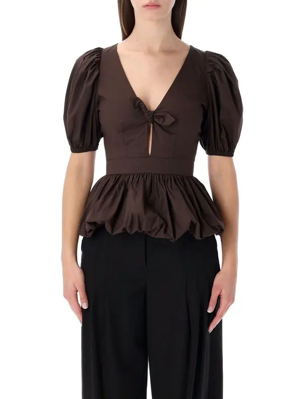 ROTATE BY BIRGER CHRISTENSEN Fitted Puff Sleeve Bubble Top With Front Tie Detail - Mole Brown
