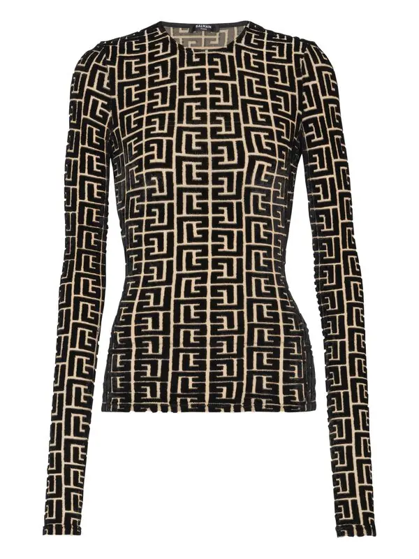 Balmain Fitted Long Sleeve Top With Geometric Print - Black