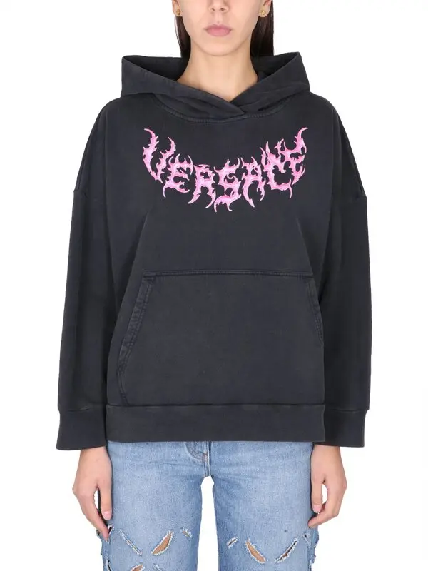 Versace Logo Print Cotton Hoodie - Black