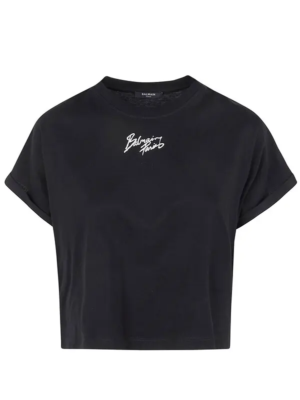 Balmain Cropped T-shirt With Paris Graphic - Black
