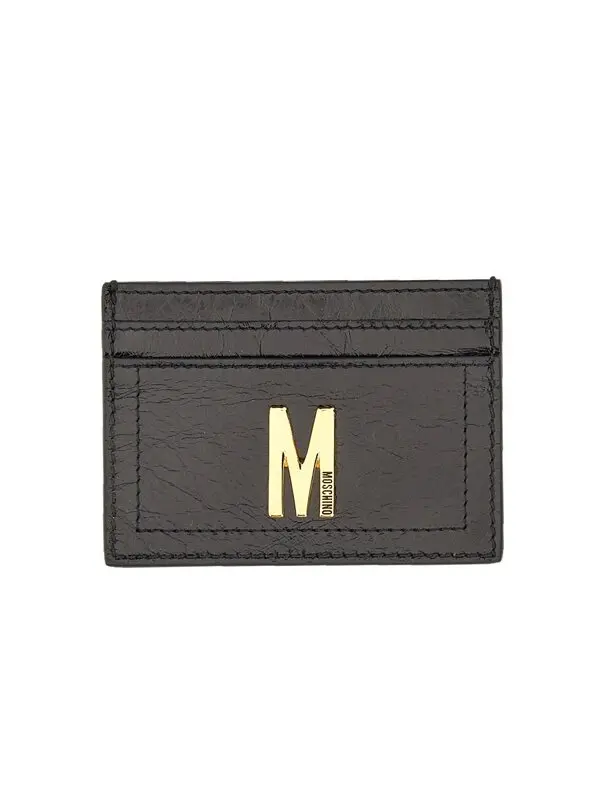 Moschino Mini Card Holder With Gold Finish Plaque