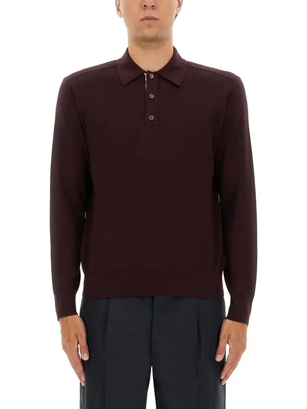 Burberry Polo Shirt With Classic Collar And Check Detail In Wool - Bordeaux