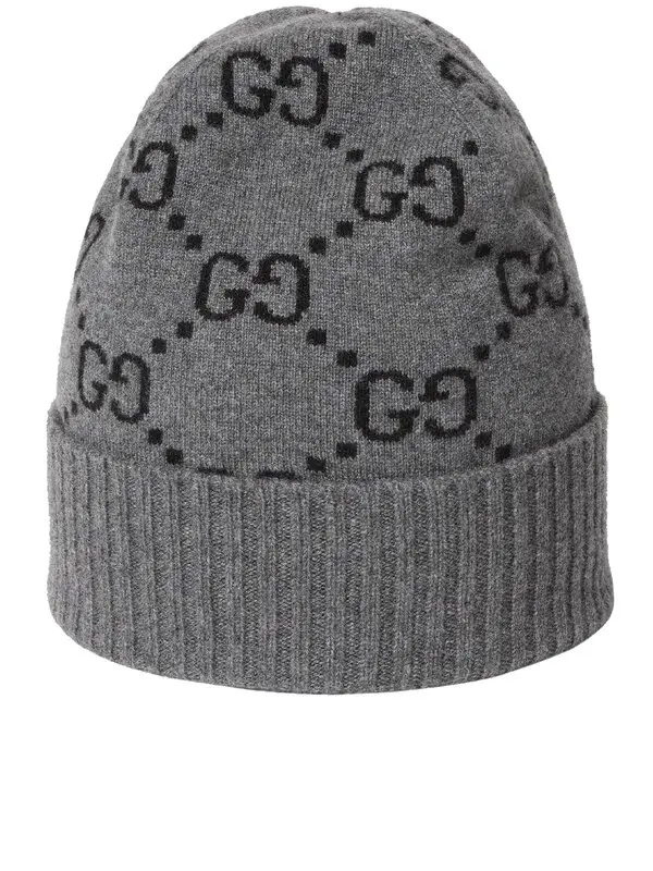 Gucci Gg Jacquard Cashmere Beanie With Brim And Cuff - Black