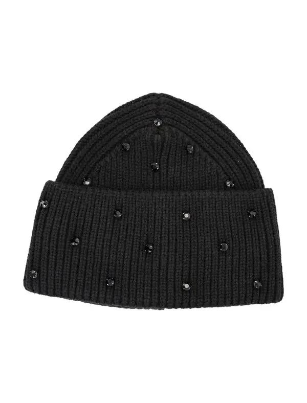 Goldbergh Ribbed Knit Winter Hat With Foldover Band And Crystal Embellishments - Black