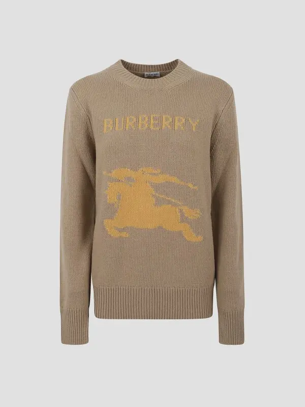 Burberry Wool And Silk Blend Equestrian Print Crewneck Sweater - Flax