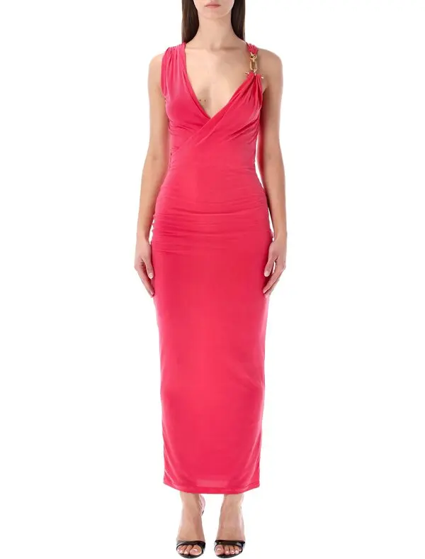 Balmain Draped Deep V-neck Gown With Gold-tone Chain Detail - Fuchsia