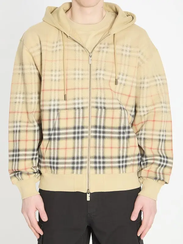 Burberry Cotton Checked Full Zip Hoodie - Beige