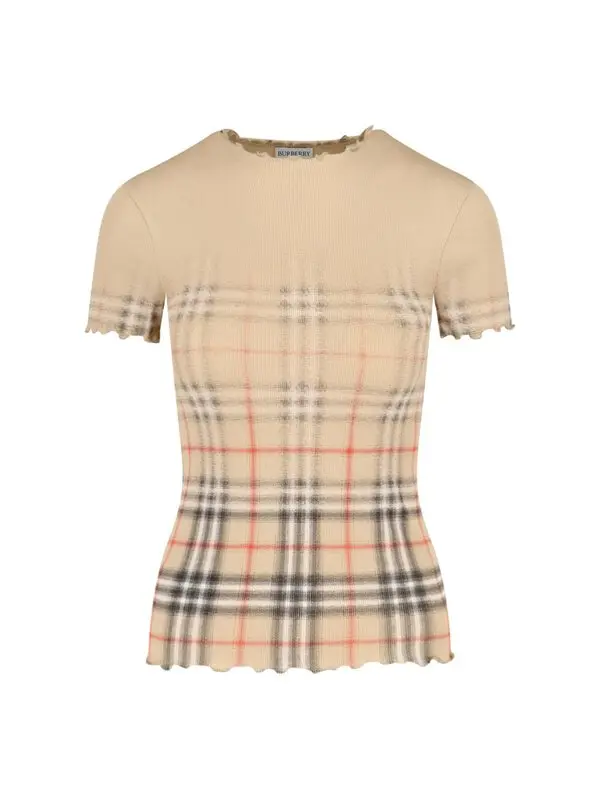 Burberry Short-sleeved Ribbed Top With Gathered Edges And Check Print - Beige