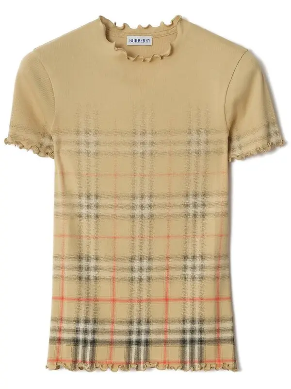 Burberry Short-sleeved Ribbed Top With Gathered Edges And Check Print - Beige