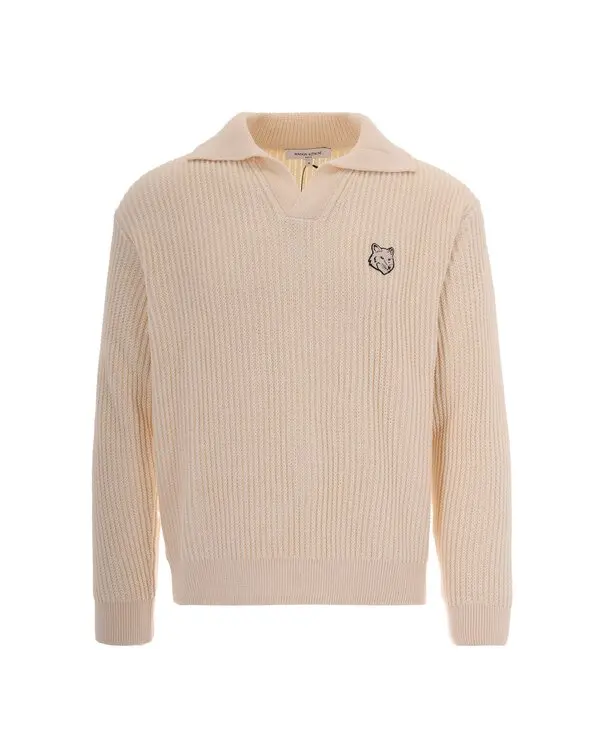 Maison Kitsuné Ribbed Knit Polo Sweater With Fox Applique - Sandshell