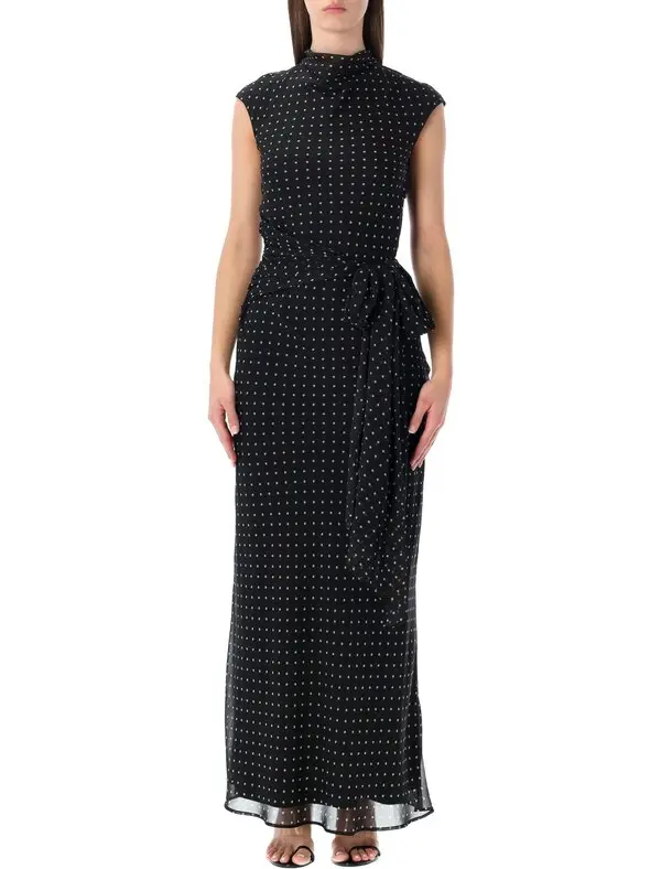 ROTATE BY BIRGER CHRISTENSEN Embroidered Mesh Maxi Dress With High Neckline And Belt - Black