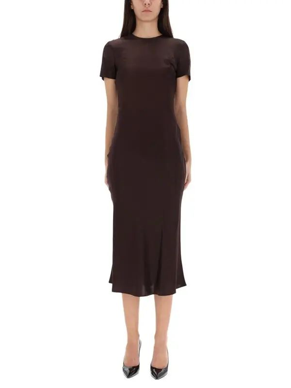 Staud Marcel Ruched Stretch-silk Charmeuse Midi Dress - Brown