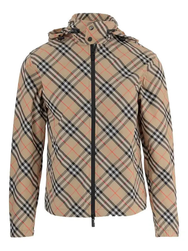 Burberry Zip-up Hooded Jacket With Drawcord And Cuffs In Iconic Check - Beige