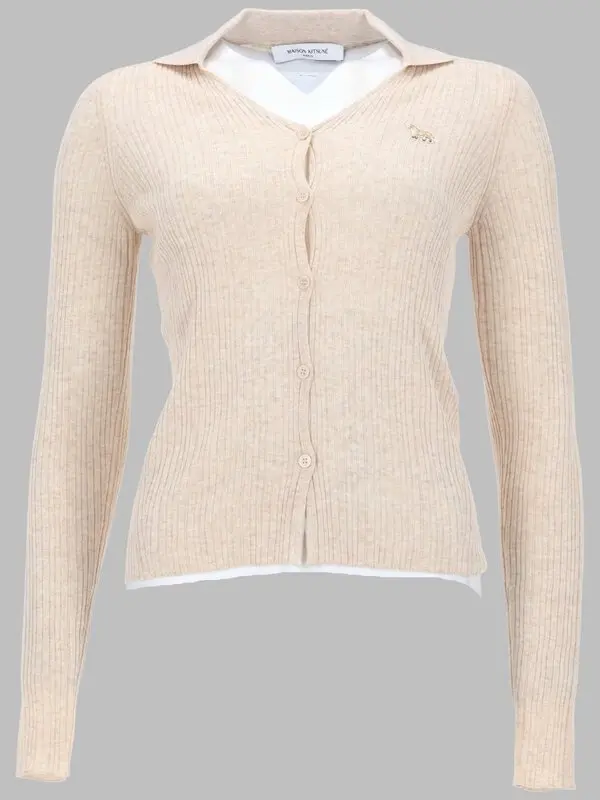 Maison Kitsuné Ribbed Knit Cardigan With Shawl Collar - Beige