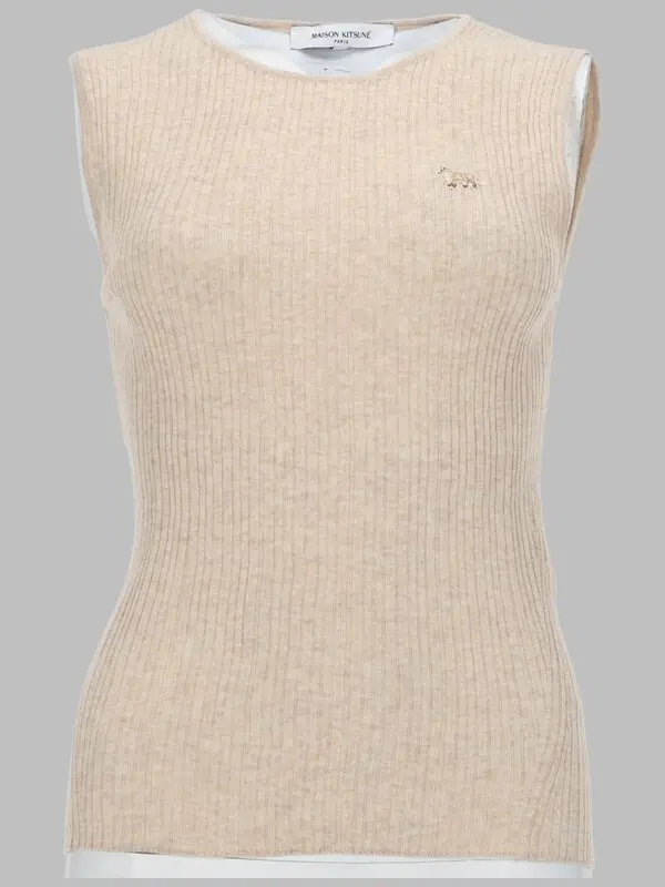 Maison Kitsuné Ribbed Sleeveless Knit Top - Beige