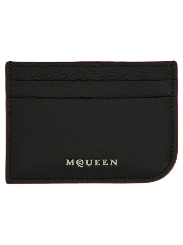 Alexander McQueen Sling Card Holder In Full Grain Calfskin With Oxblood Patent Trim - Black