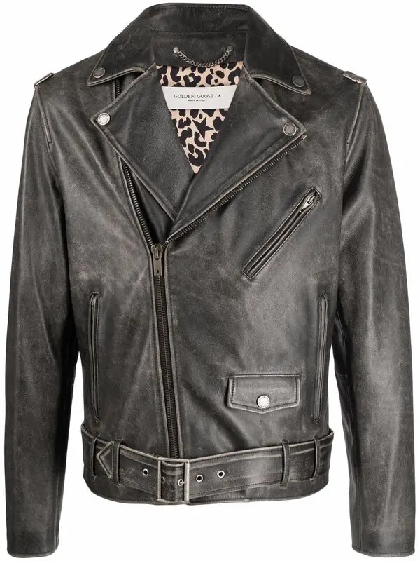 GOLDEN GOOSE Hammered Leather Biker Jacket With Belt - Black
