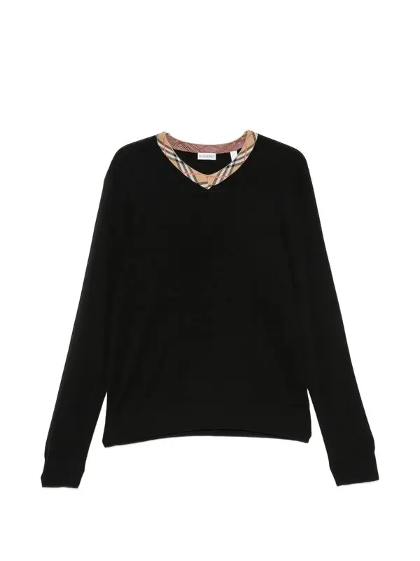Burberry Knit V-neck Sweater With Check Trim - Nero