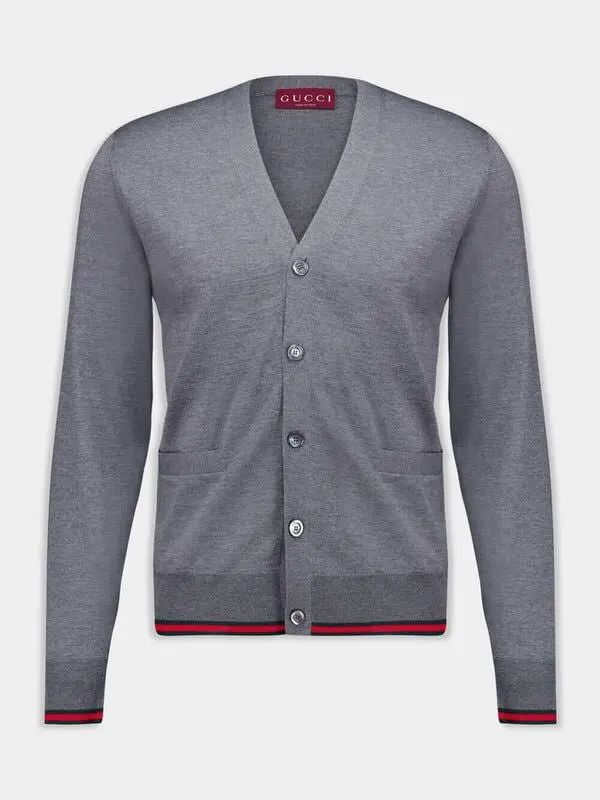 Gucci Wool Knit Cardigan With Web Detail - Blue
