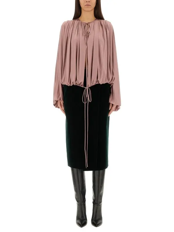 Saint Laurent Gathered-shoulder Blouse With Drawstring Detail - Pink