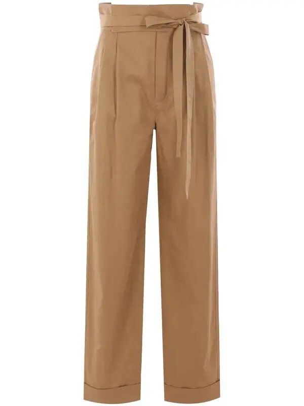 Saint Laurent Belted Pleated Straight Leg Cotton Pants - Beige