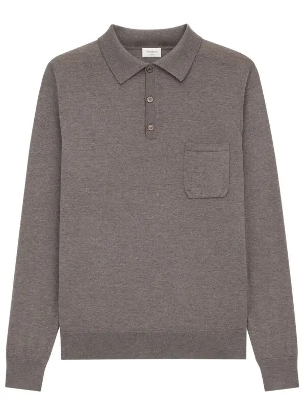 Saint Laurent Long-sleeved Polo Shirt With Ribbed Cuffs And Chest Pocket - Grey