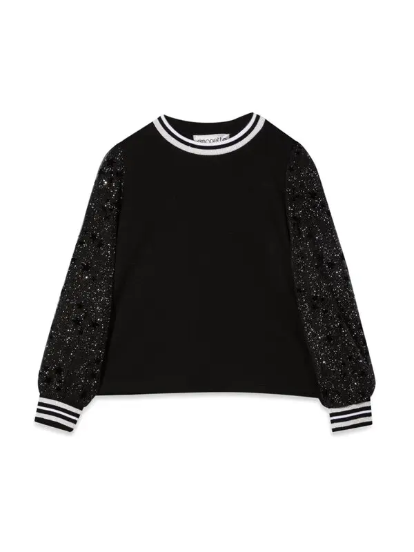 SIMONETTA Fine Knit Pullover With Embellished Tulle Sleeves - Black