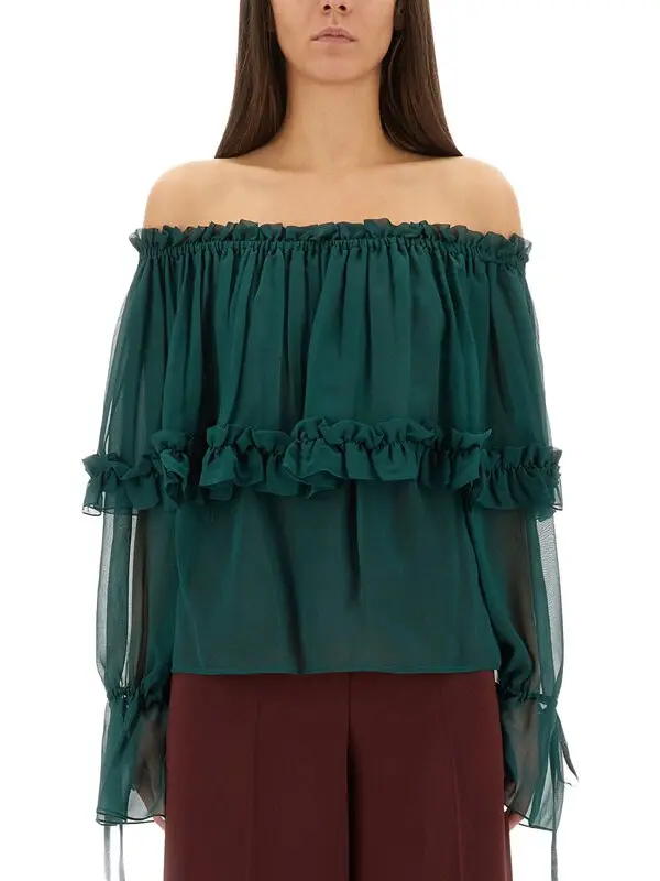 Saint Laurent Ruffled Off-the-shoulder Silk Top
