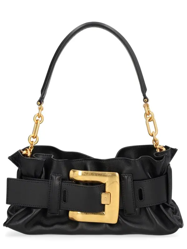 Balmain Leather Bucket Bag With Oversized Buckle And Chain Strap - Black
