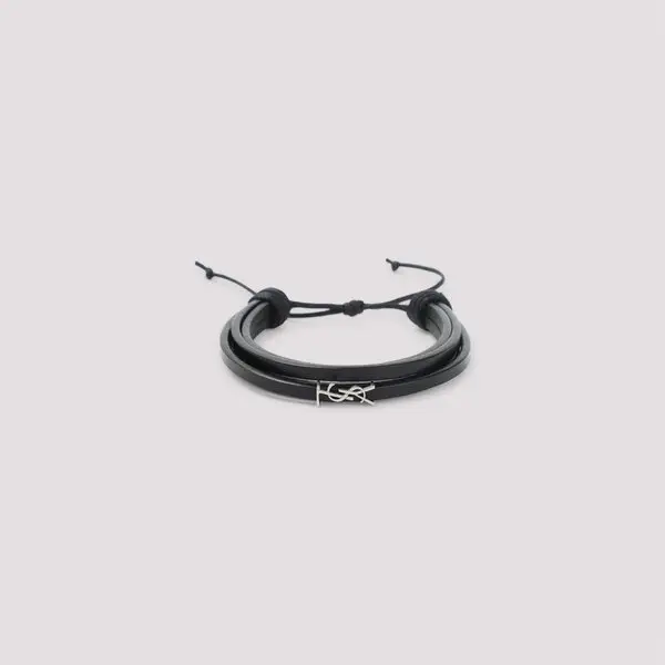 Saint Laurent Logo Plaque Leather Bracelet - Black