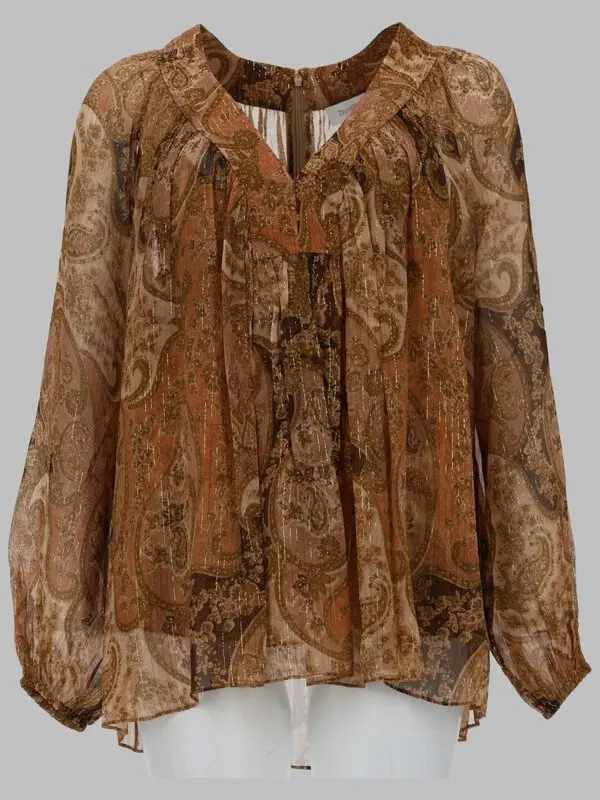 Zimmermann Silk Metallic Paisley Print Blouse - Beige