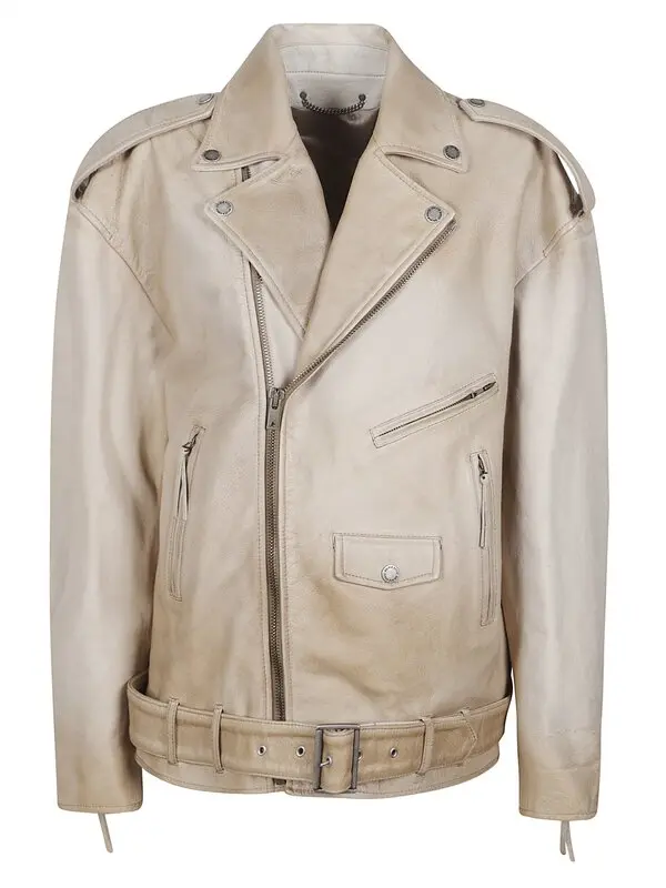GOLDEN GOOSE Leather Biker Jacket With Buckled Belt And Shoulder Pads - Beige